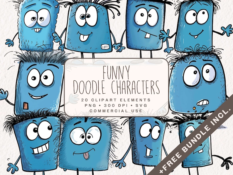 Funny Doodle Characters Clipart Blue Figures With Various - Etsy