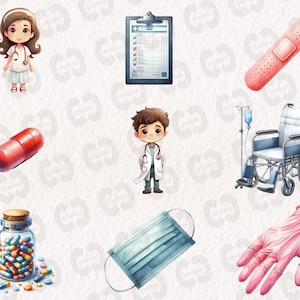 Cute Hospital Clipart Bundle, Watercolor Medical Graphics, Doctor PNG ...