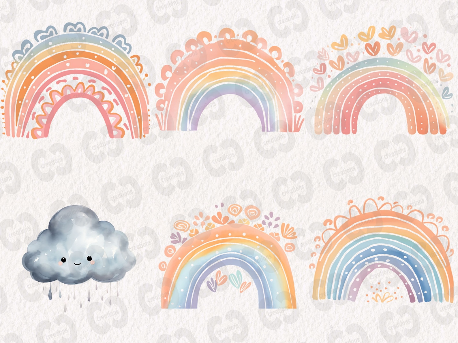 Watercolor Boho Rainbows Clipart Bundle, Pastel Rainbow SVG, Cute Boho ...