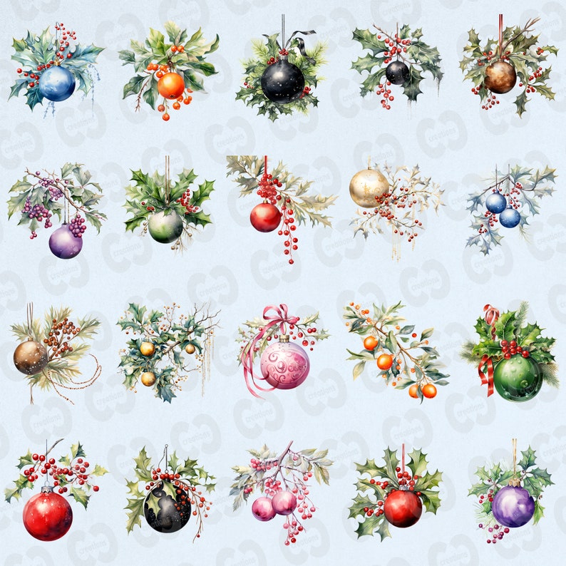 Holly and Baubles Clipart, Watercolor Christmas Illustrations PNG and ...