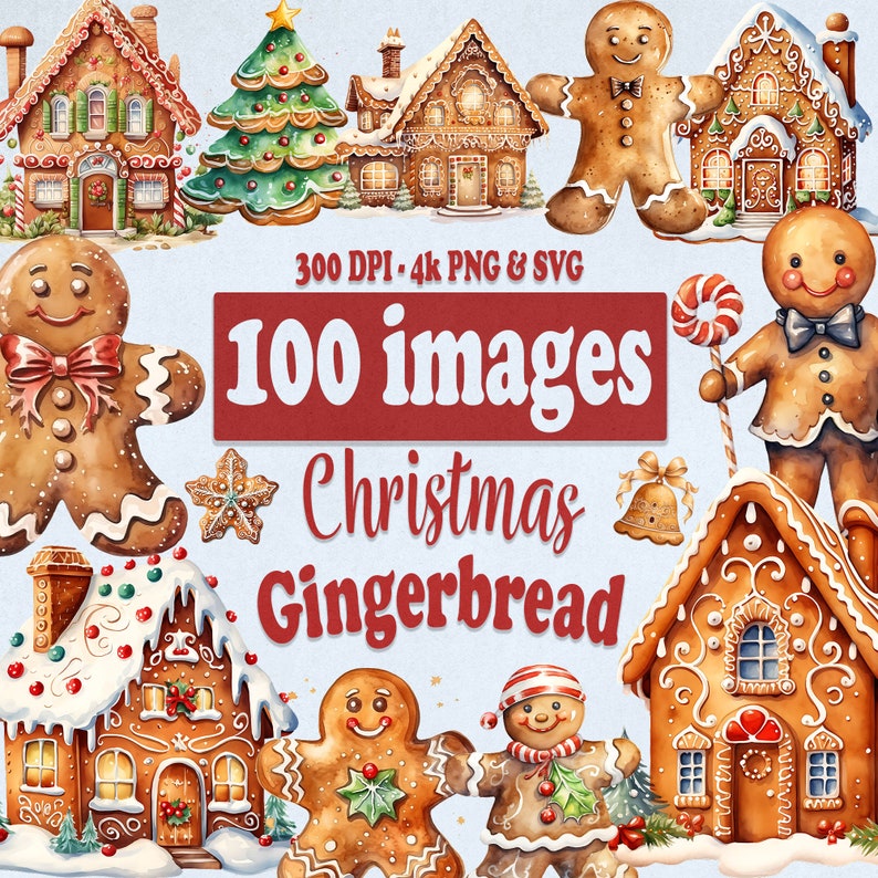 Christmas Gingerbread Clipart Bundle, 100 Watercolor Cute Kids Clip Art ...