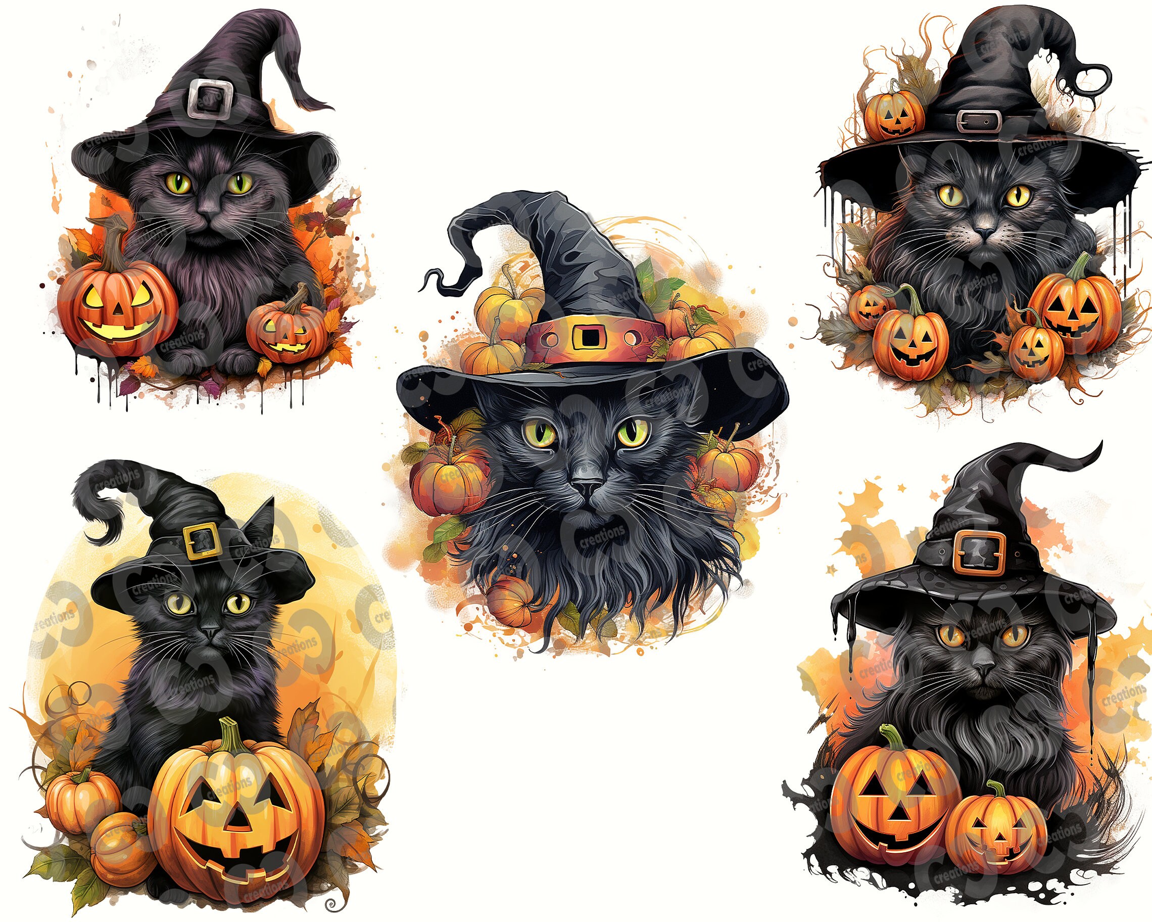 Halloween Black Cat Clipart, Halloween Cat With Hat, Watercolor Cat ...