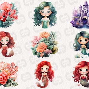 Cute Mermaid Clipart Bundle, Watercolor Mermaid PNG, Mermaid SVG ...