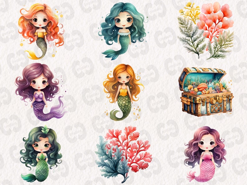Cute Mermaid Clipart Bundle, Watercolor Mermaid PNG, Mermaid SVG ...
