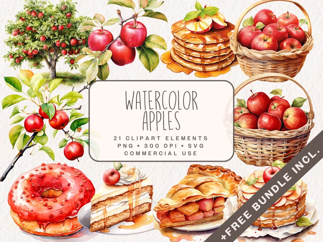 Watercolor Apples Clipart Bundle, Cute Food Graphics in PNG and SVG ...