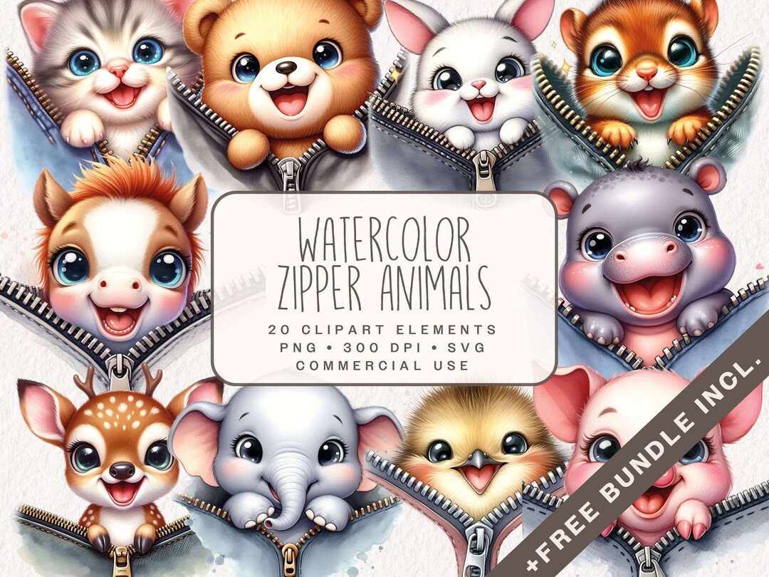 Cute Zipper Animals Clipart, Watercolor Baby Animals Graphics in PNG ...