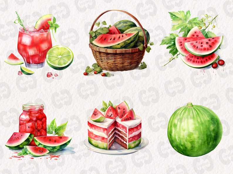 Watercolor Watermelons Clipart Bundle, Cute Food Graphics in PNG and ...