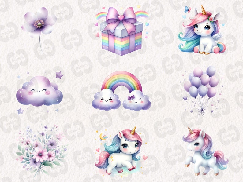 Cute Unicorn Clipart Bundle, Watercolor Unicorns Clip Art, Rainbow ...