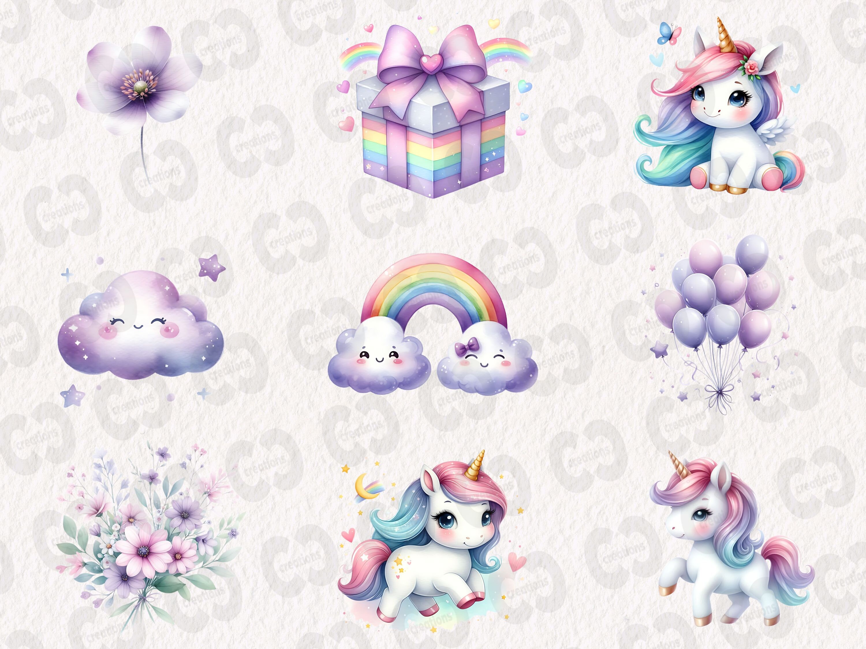 Cute Unicorn Clipart Bundle, Watercolor Unicorns Clip Art, Rainbow ...