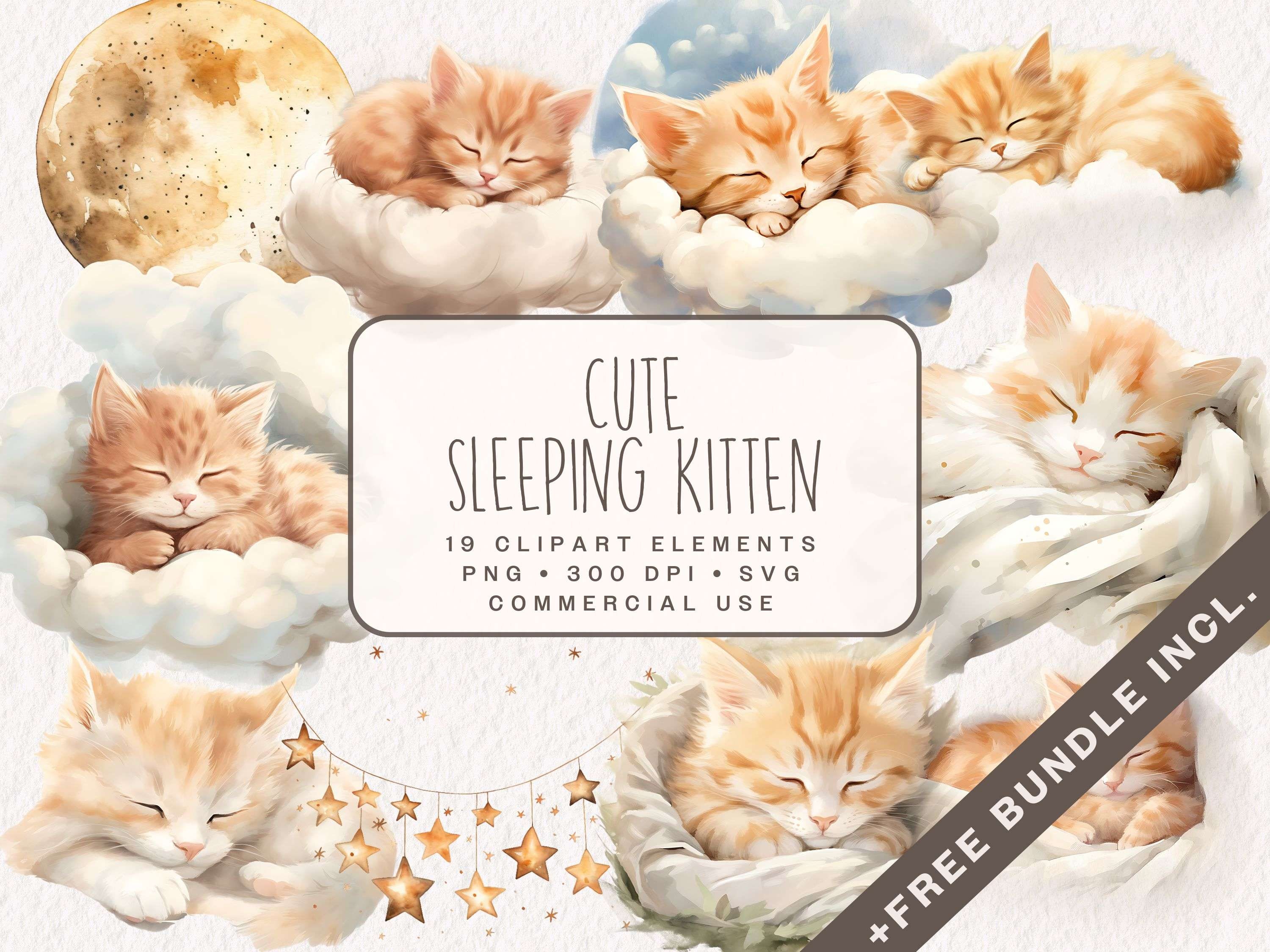 Cute Sleeping Kitten Clipart Watercolor Kitten Graphics in - Etsy