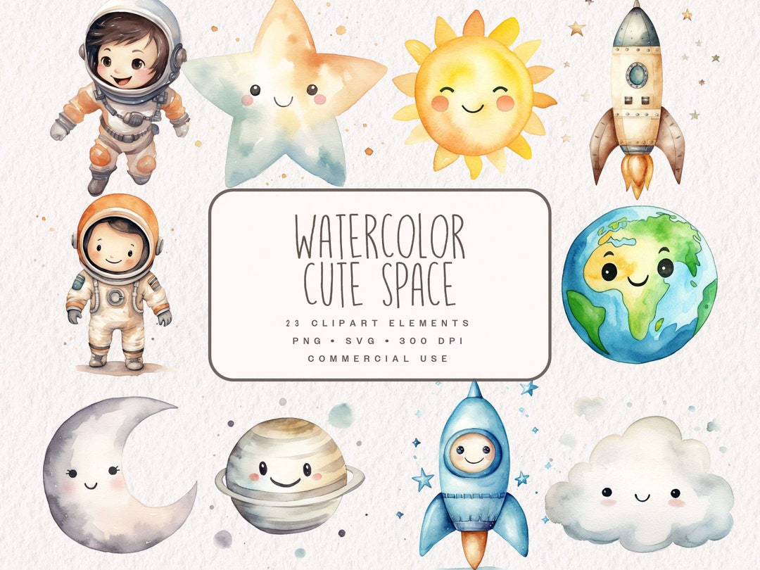 Watercolor Cute Space Clipart Bundle, Happy Sun Spaceship Outerspace ...