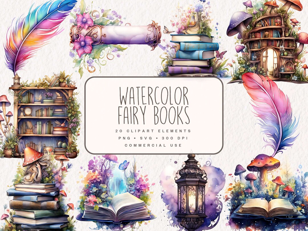 Watercolor Fairy Books Clipart, Fairytale Fantasy Graphics, Floral Book ...