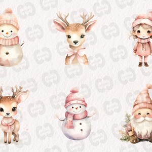 Christmas Cute Characters Clipart, Pink Watercolor Xmas Clip Art SVG ...