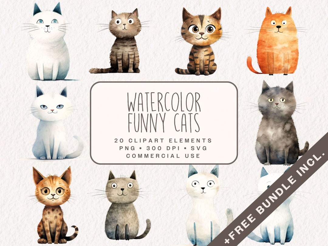 Watercolor Funny Cats Clipart, Cute Cat Graphics in PNG and SVG ...