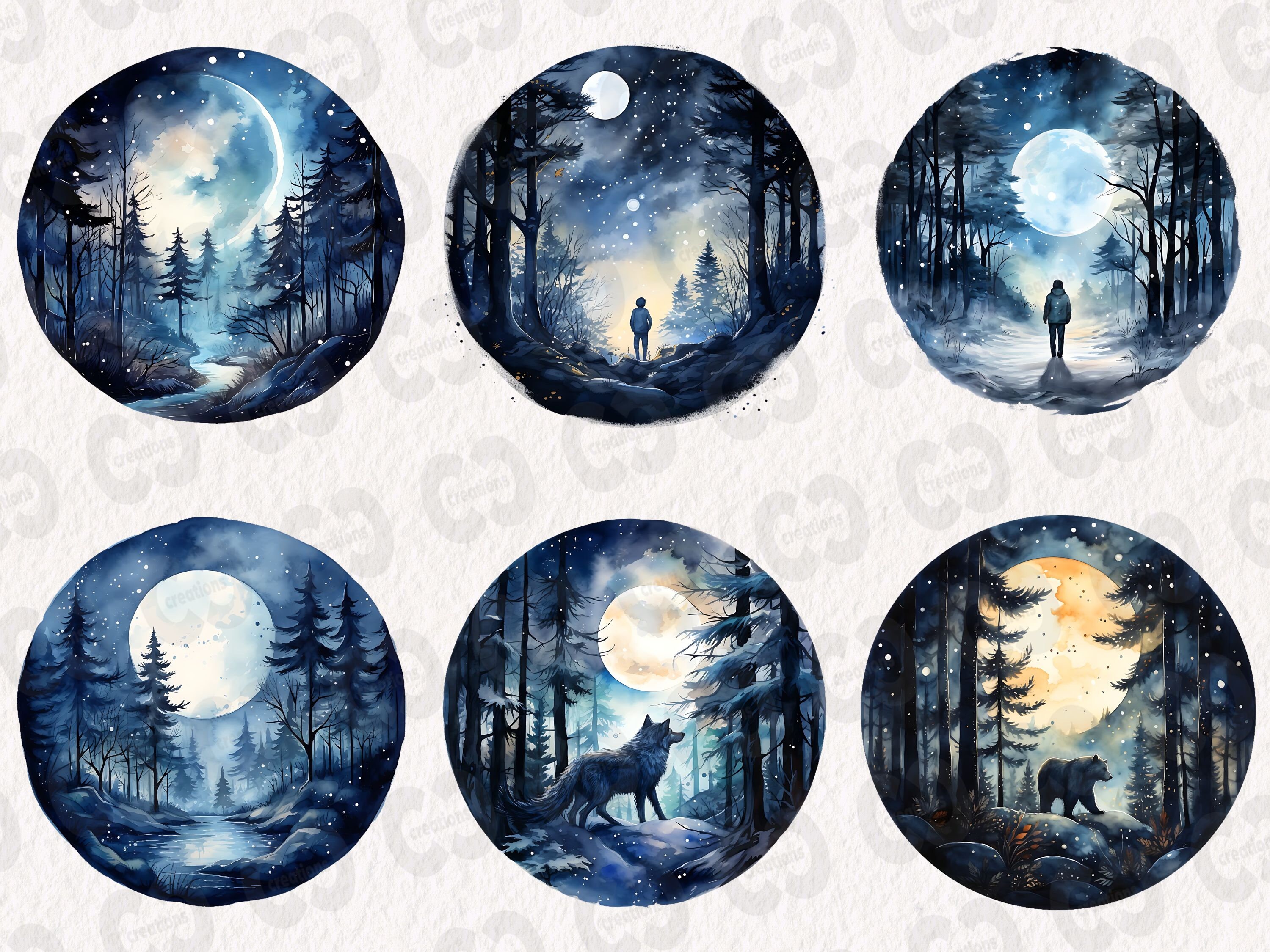 Watercolor Forest Moons Clipart, Fantasy Woodland Graphics in PNG and ...