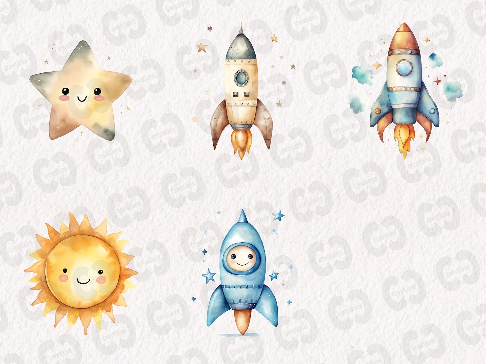 Watercolor Cute Space Clipart Bundle, Happy Sun Spaceship Outerspace ...