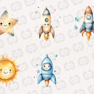 Watercolor Cute Space Clipart Bundle, Happy Sun Spaceship Outerspace ...