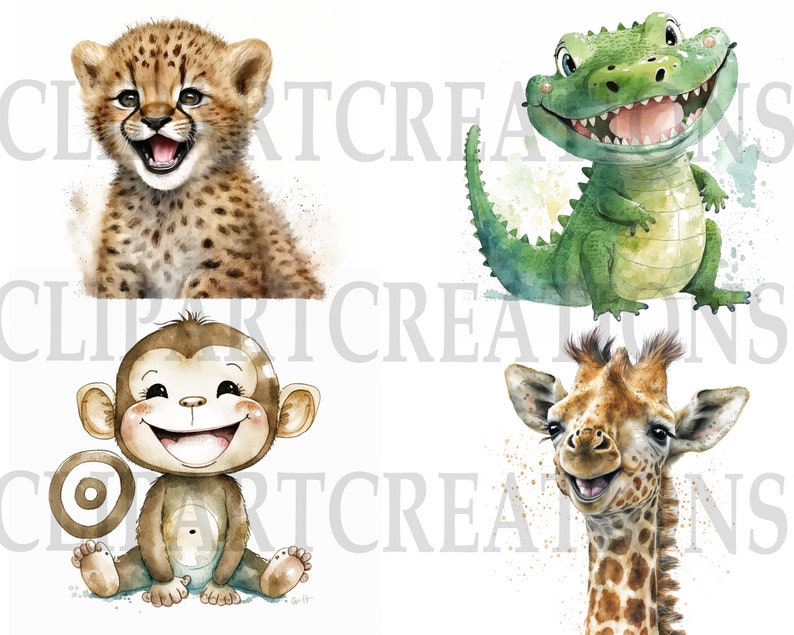13 Safari Baby Animals Watercolor Clipart, Pngs, Paper Crafts, Cute ...