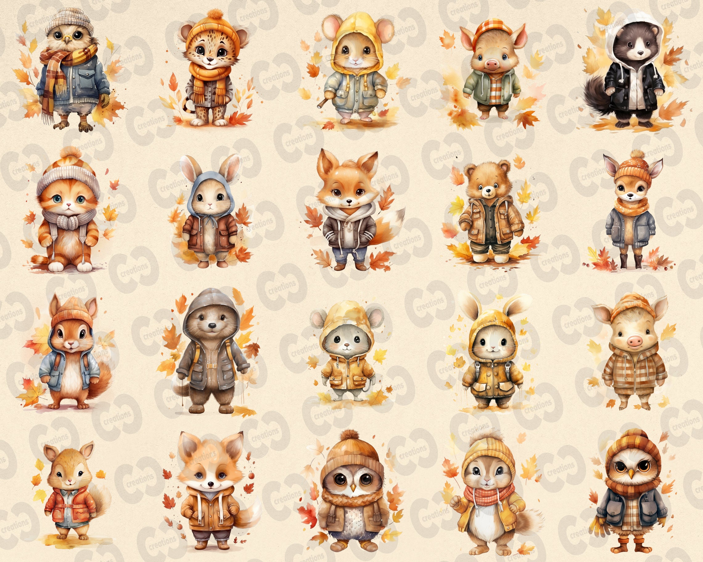 Autumn Cute Baby Animals Clipart Bundle 60 Watercolor Fall - Etsy
