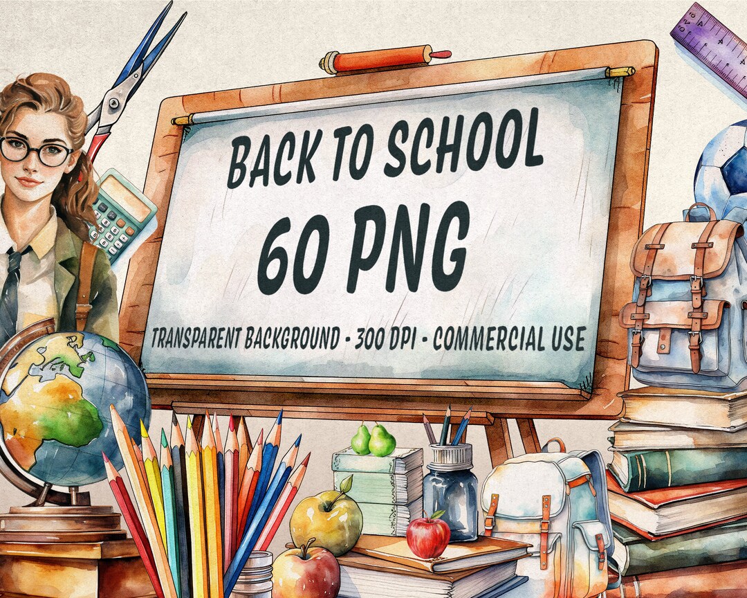 Back to School Clipart Bundle, 60 Watercolor Back to School Clip Art ...