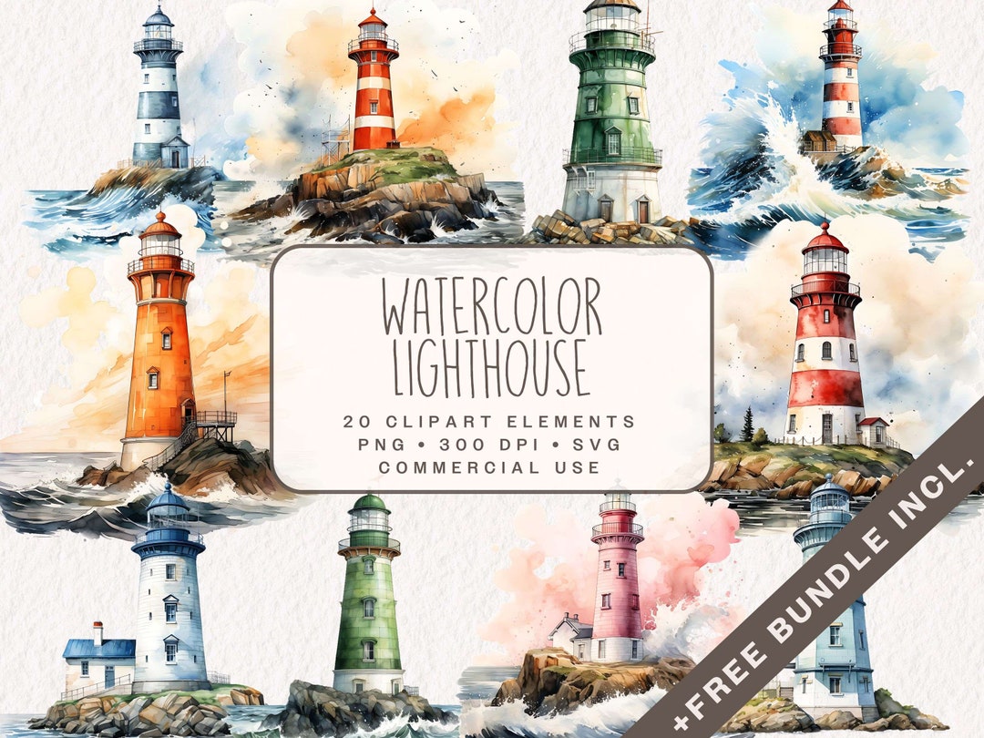 Watercolor Lighthouse Clipart Bundle, Nautical Ocean Graphics in PNG ...