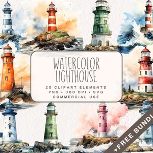 Watercolor Lighthouse Clipart Bundle, Nautical Ocean Graphics in PNG ...