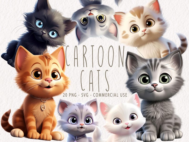 Cute Cat Clipart Bundle, Clip Art Set of 20 High Quality Pngs, Happy ...