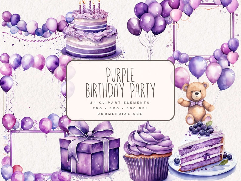 Purple Birthday Party Clipart Bundle Watercolor Happy - Etsy
