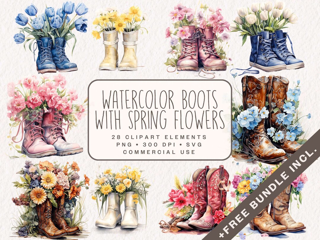 Boots With Spring Flowers Clipart, Floral Spring Illustration PNG ...