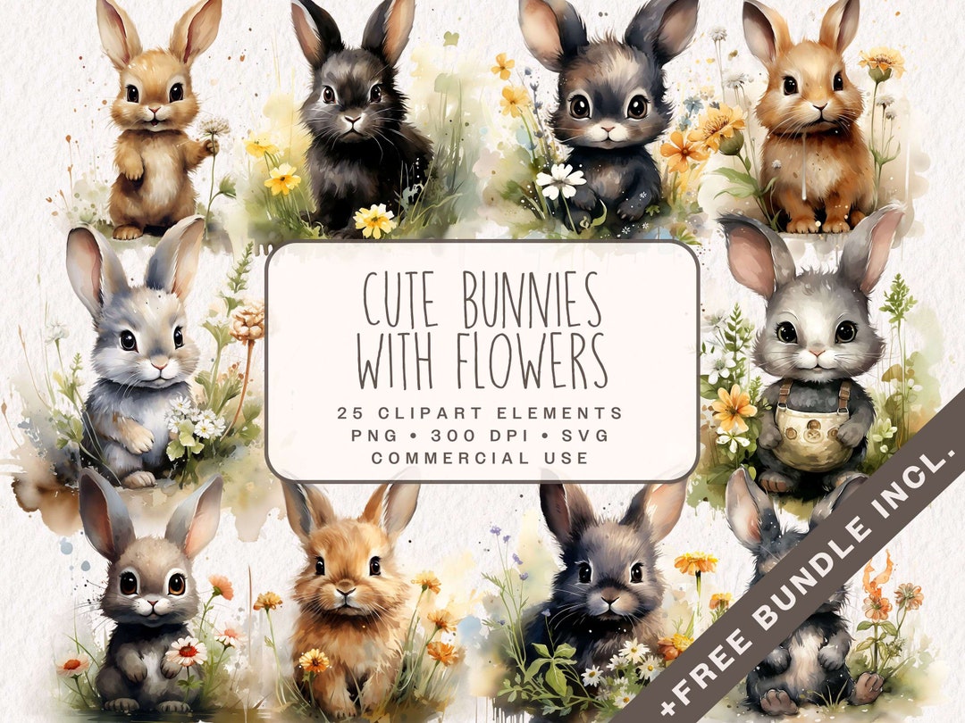Floral Cute Bunnies Clipart, Easter Bunny With Flower Illustrations in ...