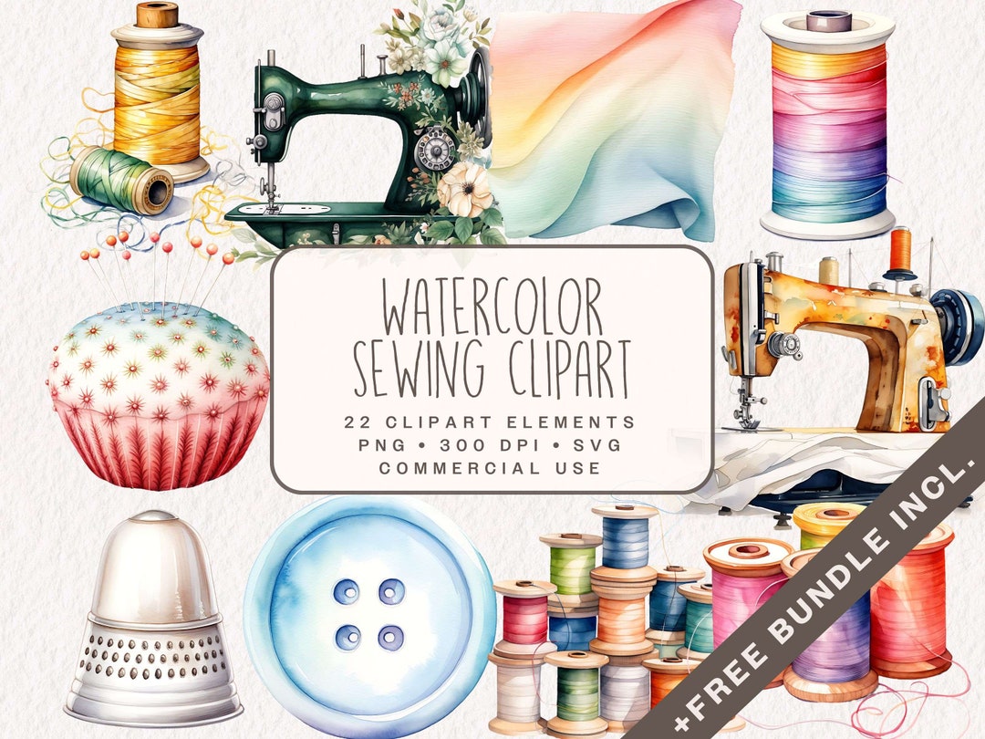 Watercolor Sewing Clipart Bundle, Floral Sewing Machine Graphics in PNG ...