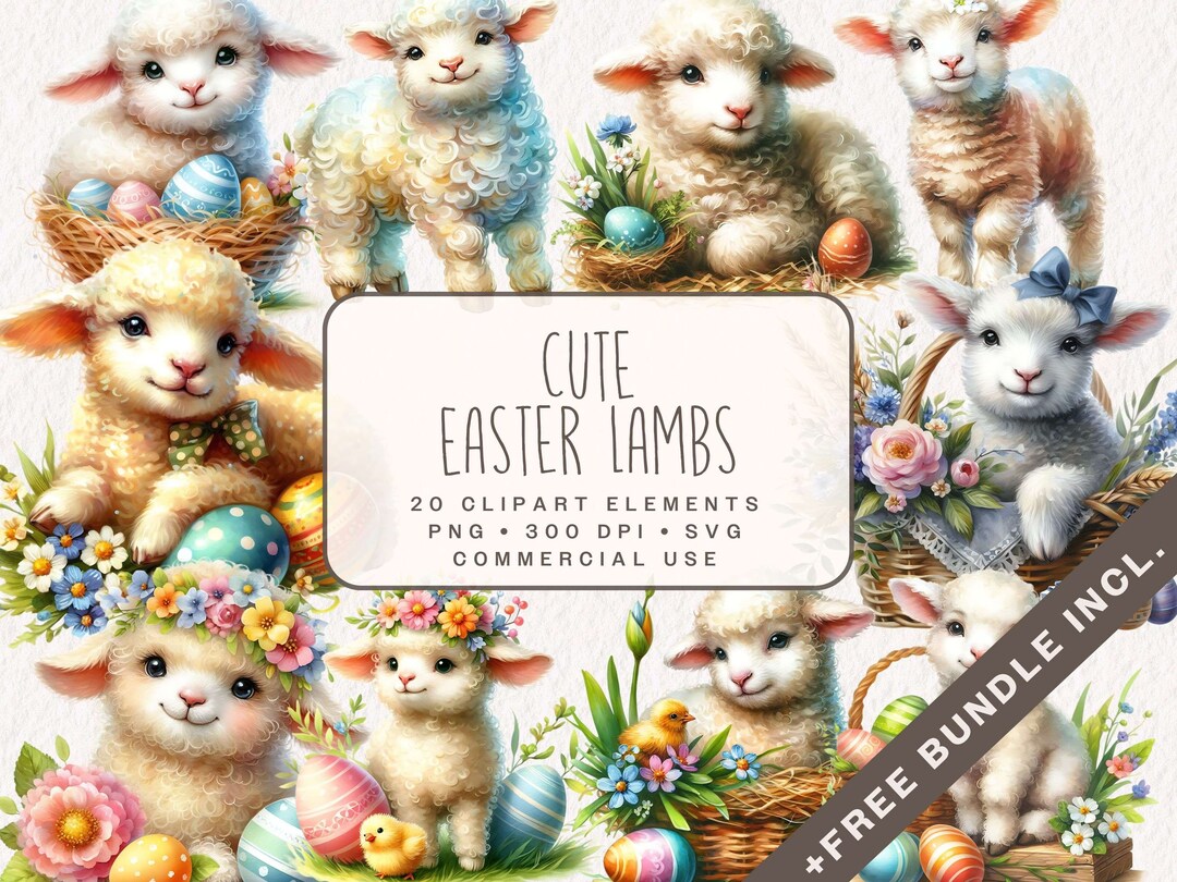 Cute Easter Lamb Clipart, Watercolor Floral Baby Sheep Graphics in PNG ...