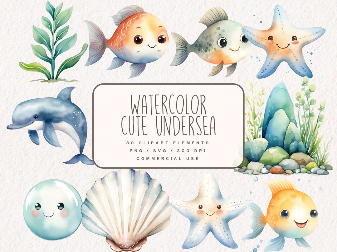 Watercolor Cute Undersea Clipart, Underwater Graphics in PNG & SVG for ...