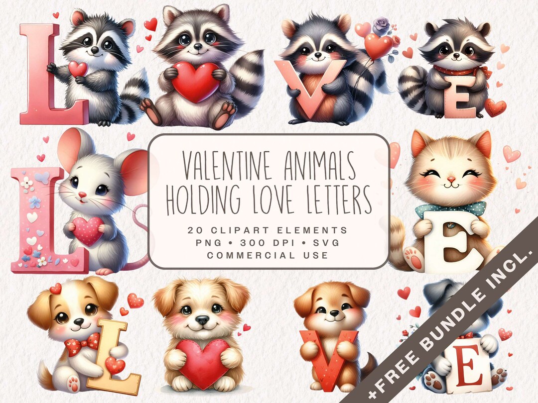 Valentine Animals Holding Love Letters Clipart, Cute Animals in PNG ...