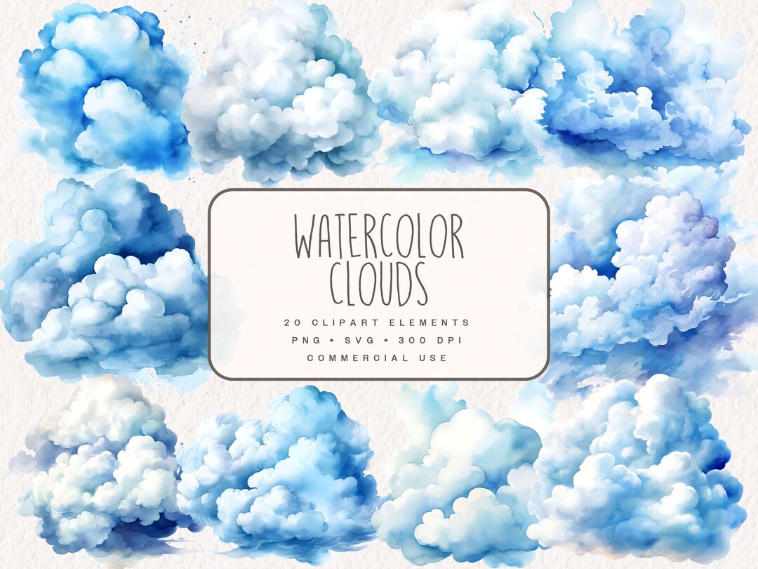 Watercolor Clouds Clipart Bundle, Blue Cute Cloudy Graphics, Sky ...