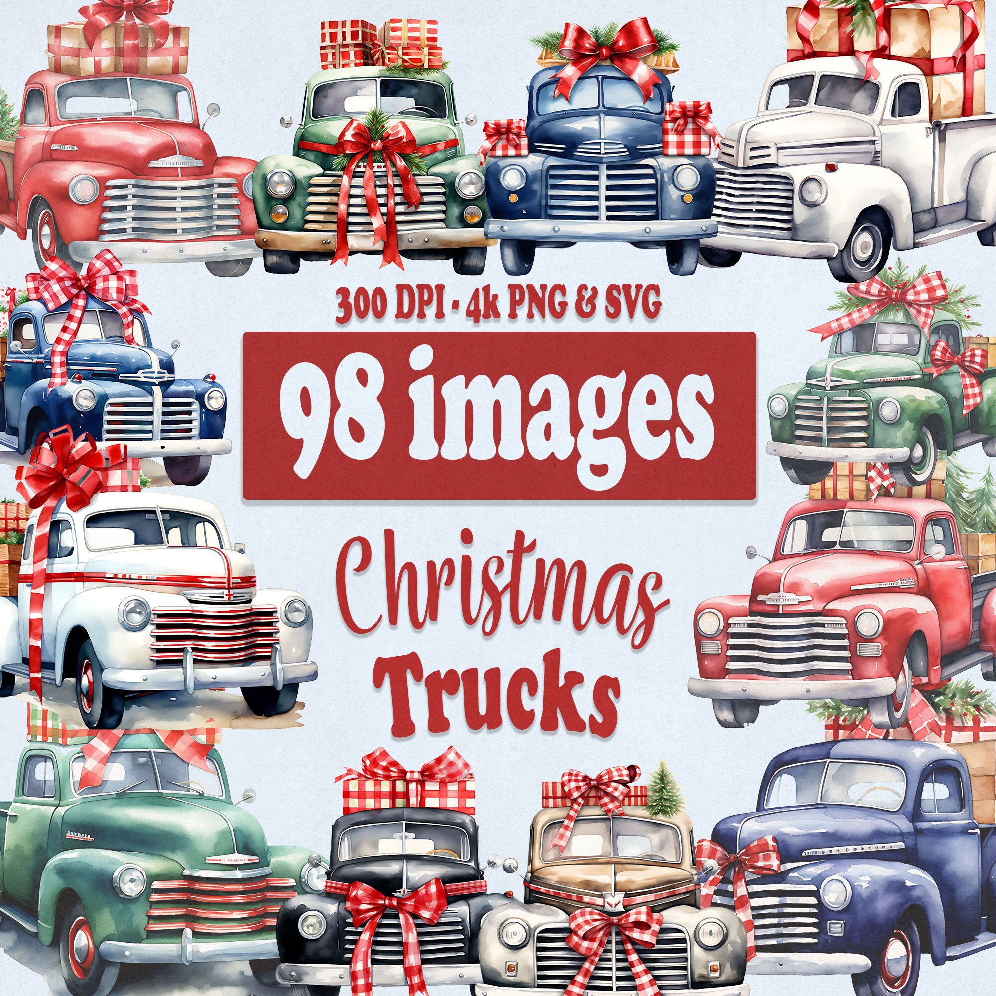 Christmas Truck Clipart Bundle, Watercolor Xmas Decorated Trucks ...