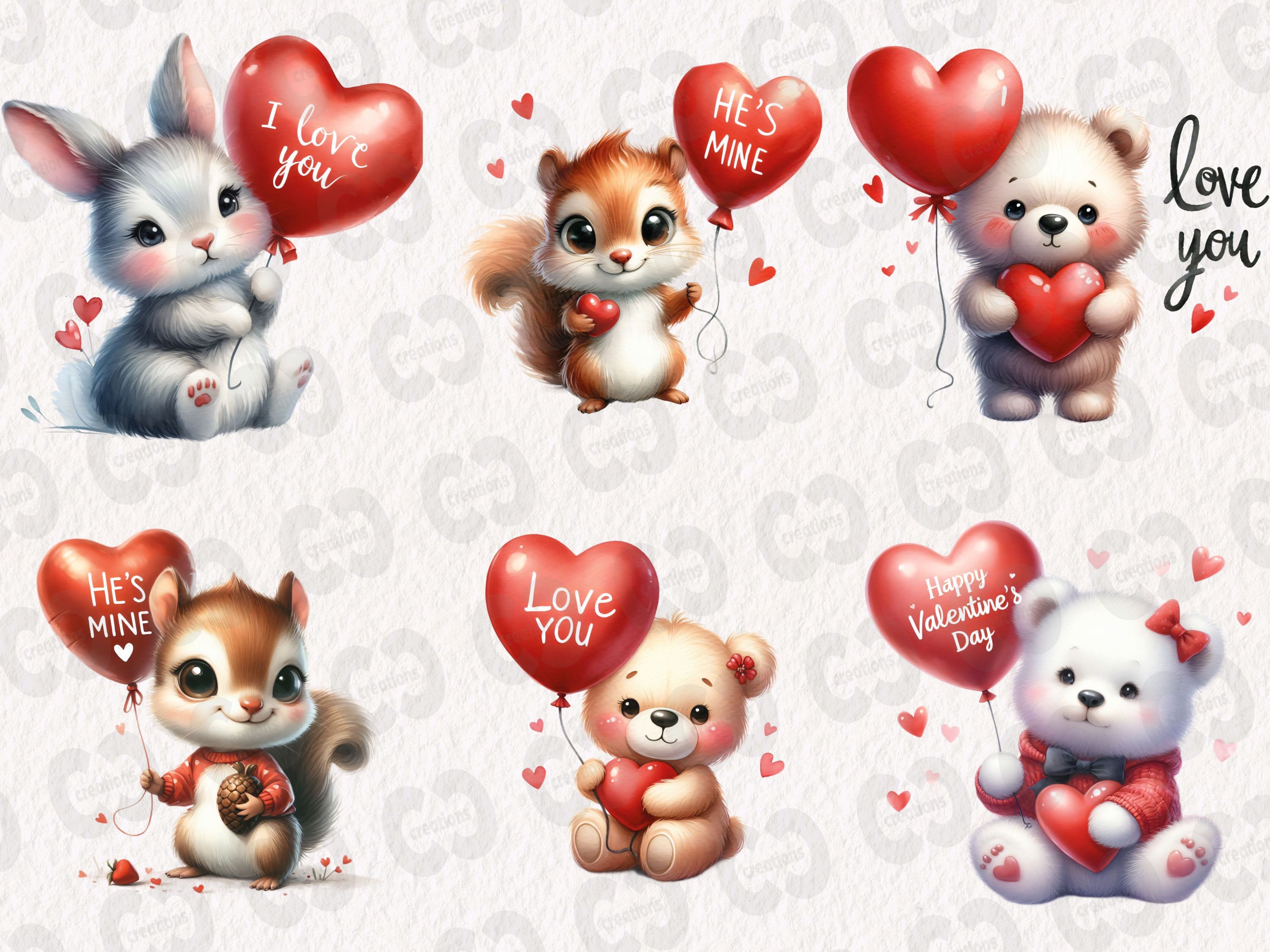 Cute Valentine Animals Clipart, Baby Animals With Heart Balloons, Be My ...
