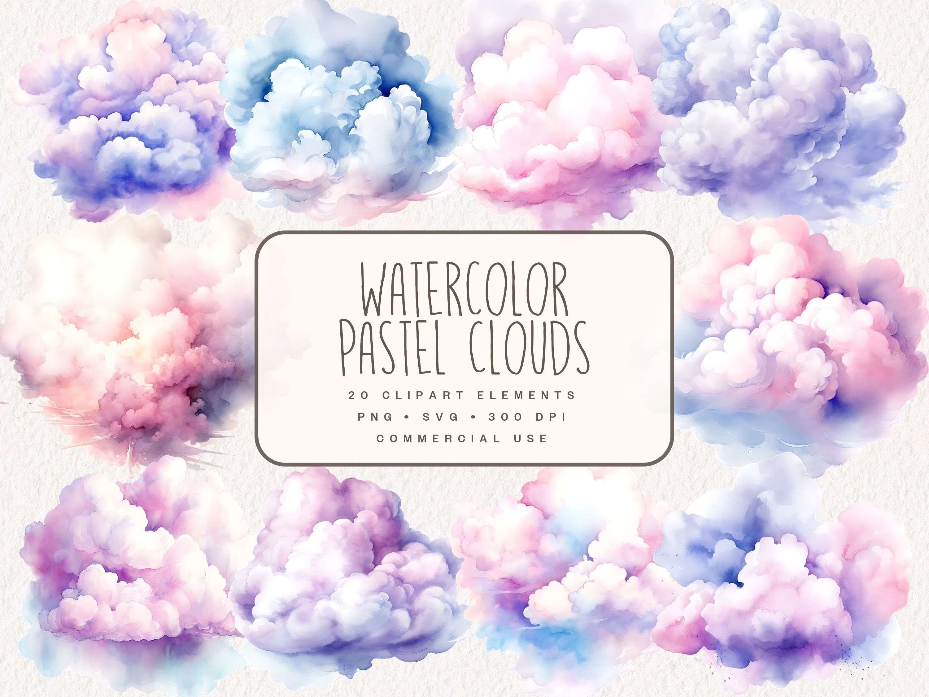 Watercolor Pastel Clouds Clipart, Cute Cloudy Graphics, Sky ...