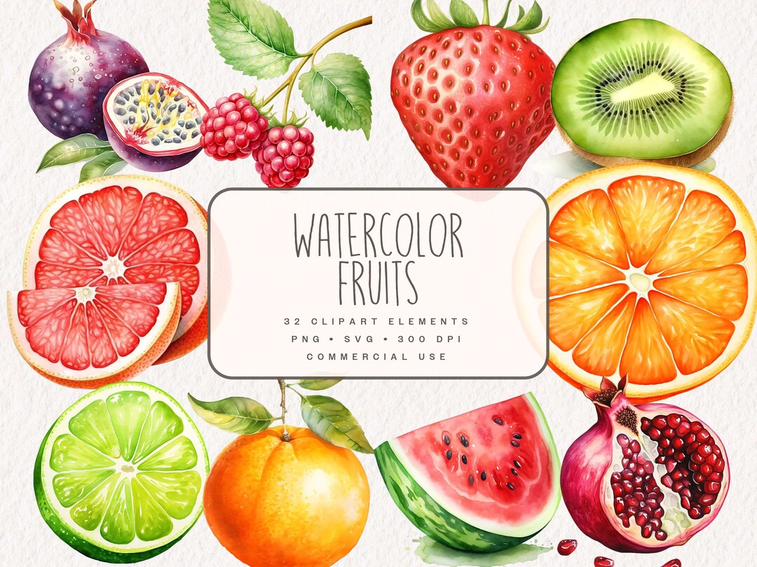 Watercolor Fruits Clipart Bundle, Cute Food Graphics in PNG and SVG ...
