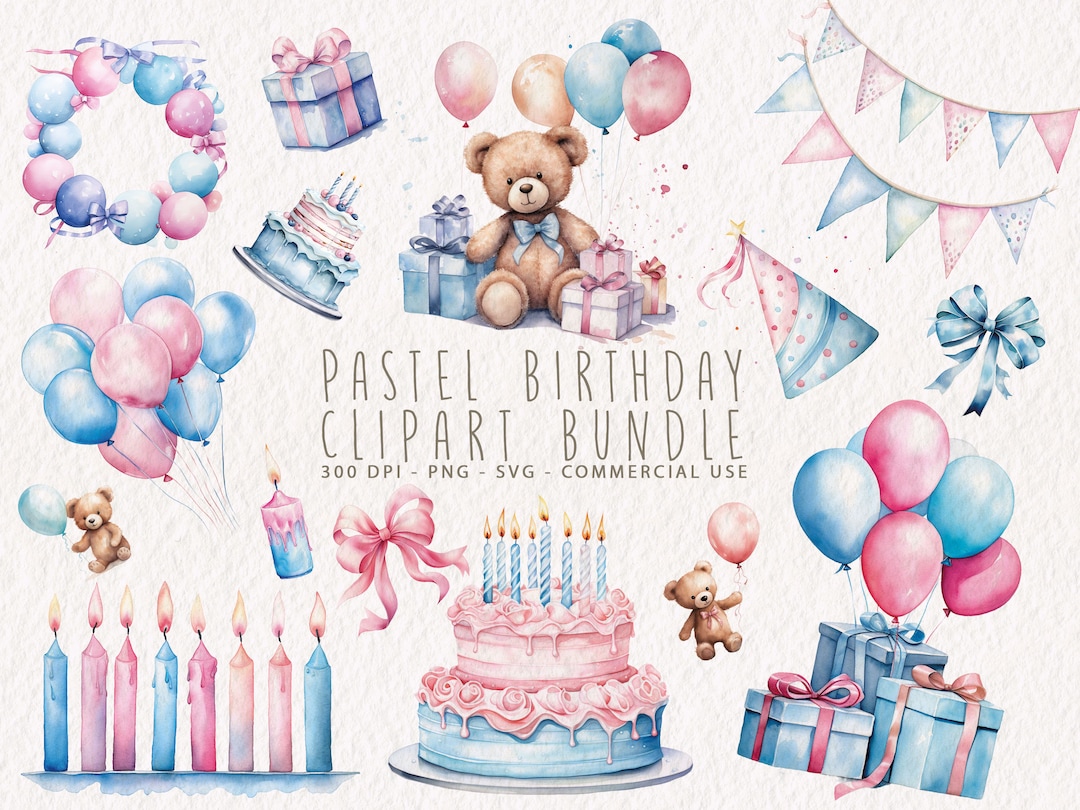 Pastel Birthday Clipart Bundle, Watercolor Birthday Party Clip Art ...
