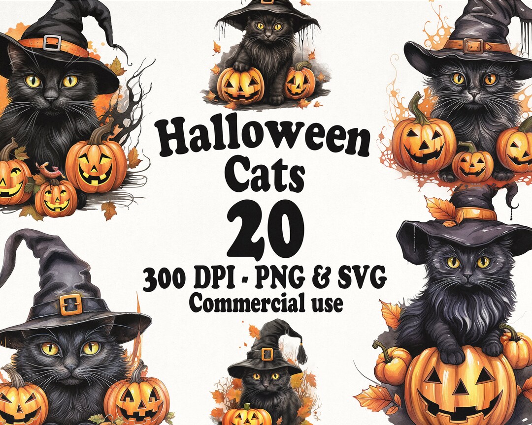 Halloween Black Cat Clipart, Halloween Cat With Hat, Watercolor Cat ...