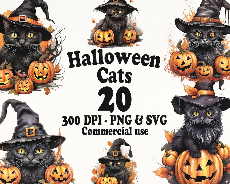 Halloween Black Cat Clipart, Halloween Cat With Hat, Watercolor Cat ...