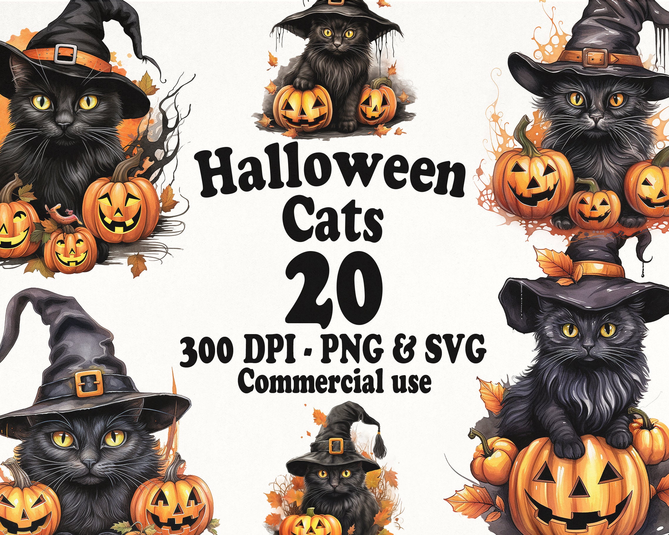 Halloween Black Cat Clipart, Halloween Cat With Hat, Watercolor Cat ...