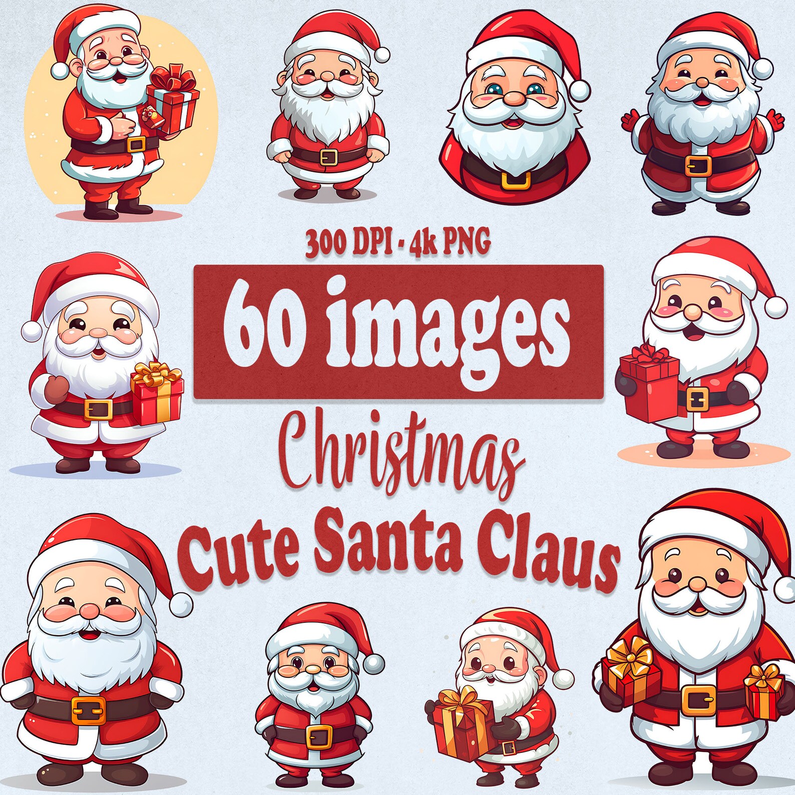 Cute Santa Claus Clipart, Cartoon Santa Claus PNG Bundle for Christmas ...
