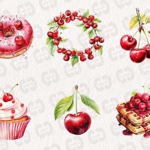 Watercolor Cherry Clipart Bundle, Cute Food Graphics in PNG and SVG ...
