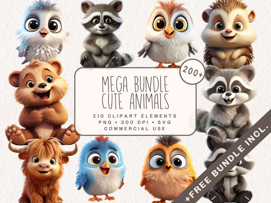 Cute Animals Mega Clipart Bundle, Cartoon Raccoon, Highland Cow ...