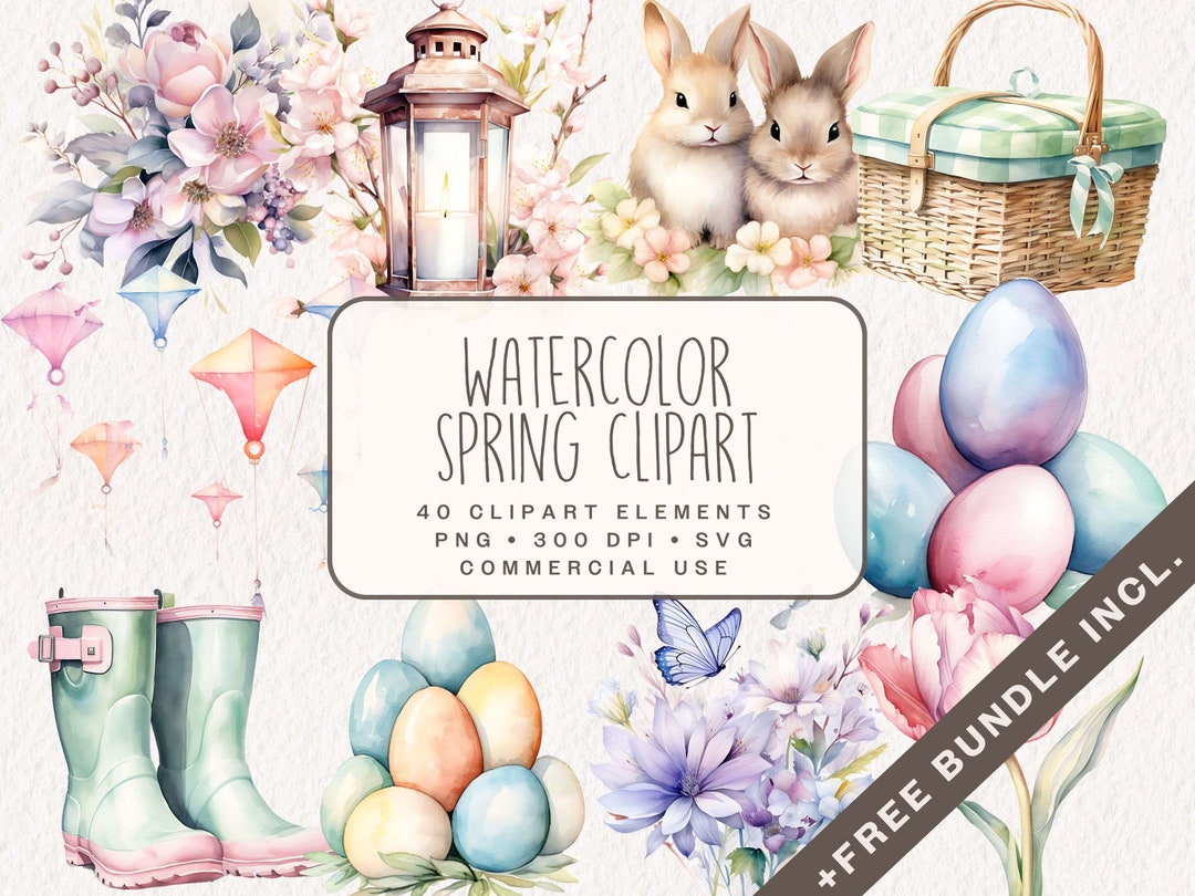 Watercolor Spring Clipart Bundle, Pastel Flowering Graphics in PNG and ...