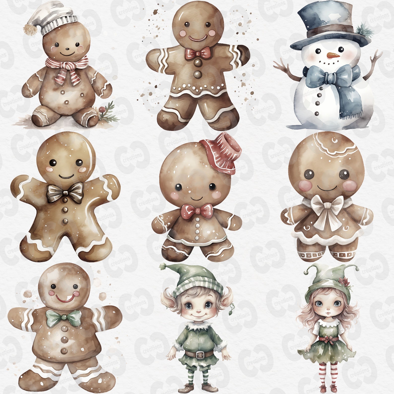 Cute Christmas Characters Clipart, Watercolor Xmas Clip Art PNG Bundle ...