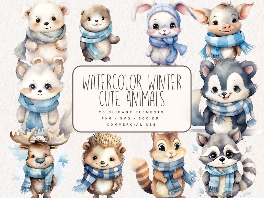 Winter Cute Animal Clipart, Blue Watercolor Happy Kids Baby Animals ...