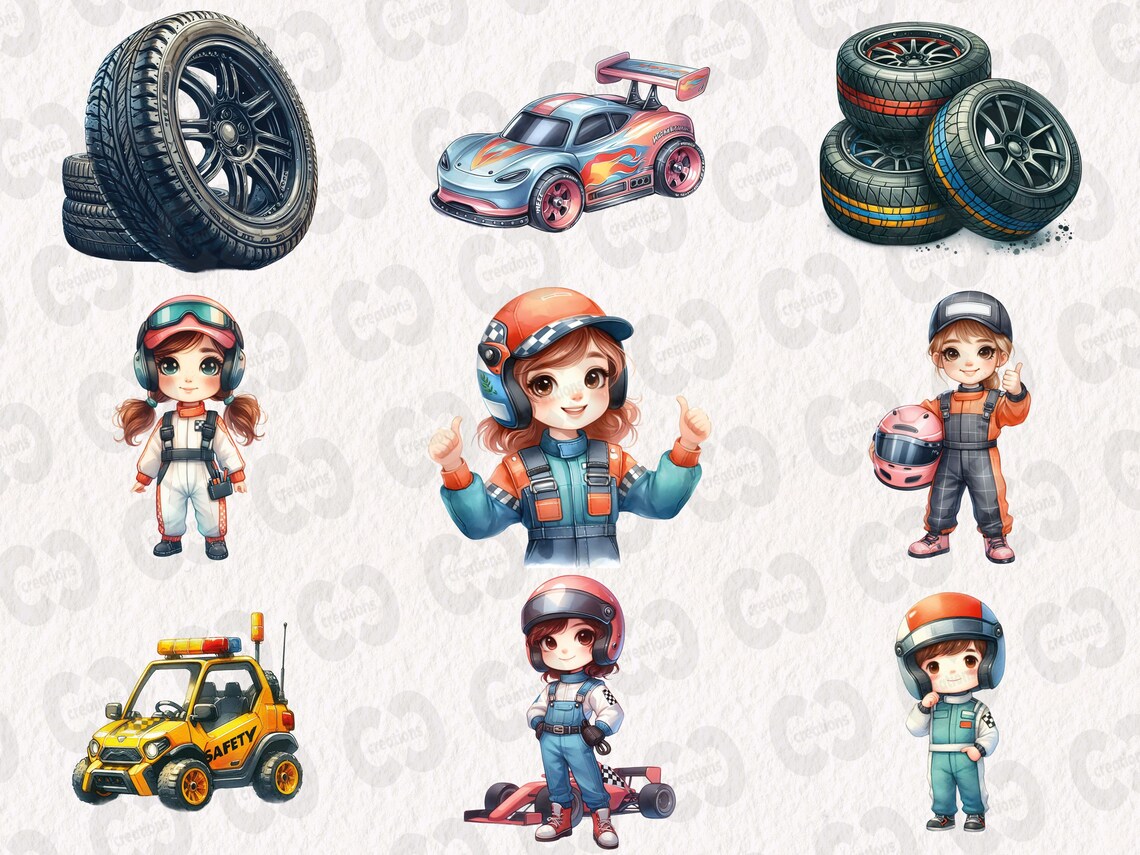 Watercolor Cute Racing Clipart Bundle, Race Car Graphics in PNG and SVG ...